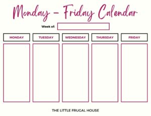 Free Printable Calendar: Monday Through Friday (4 Weekly Color Options)